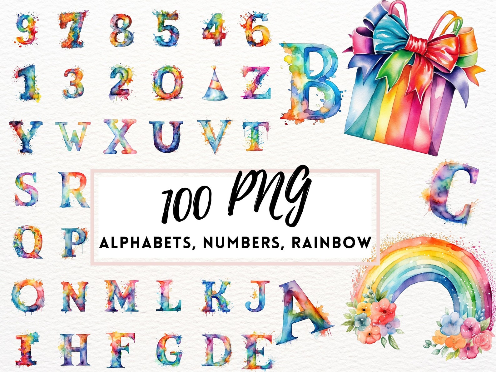 Rainbow Happy Birthday Party Clipart, Cake Present Balloons Clipart SET ...