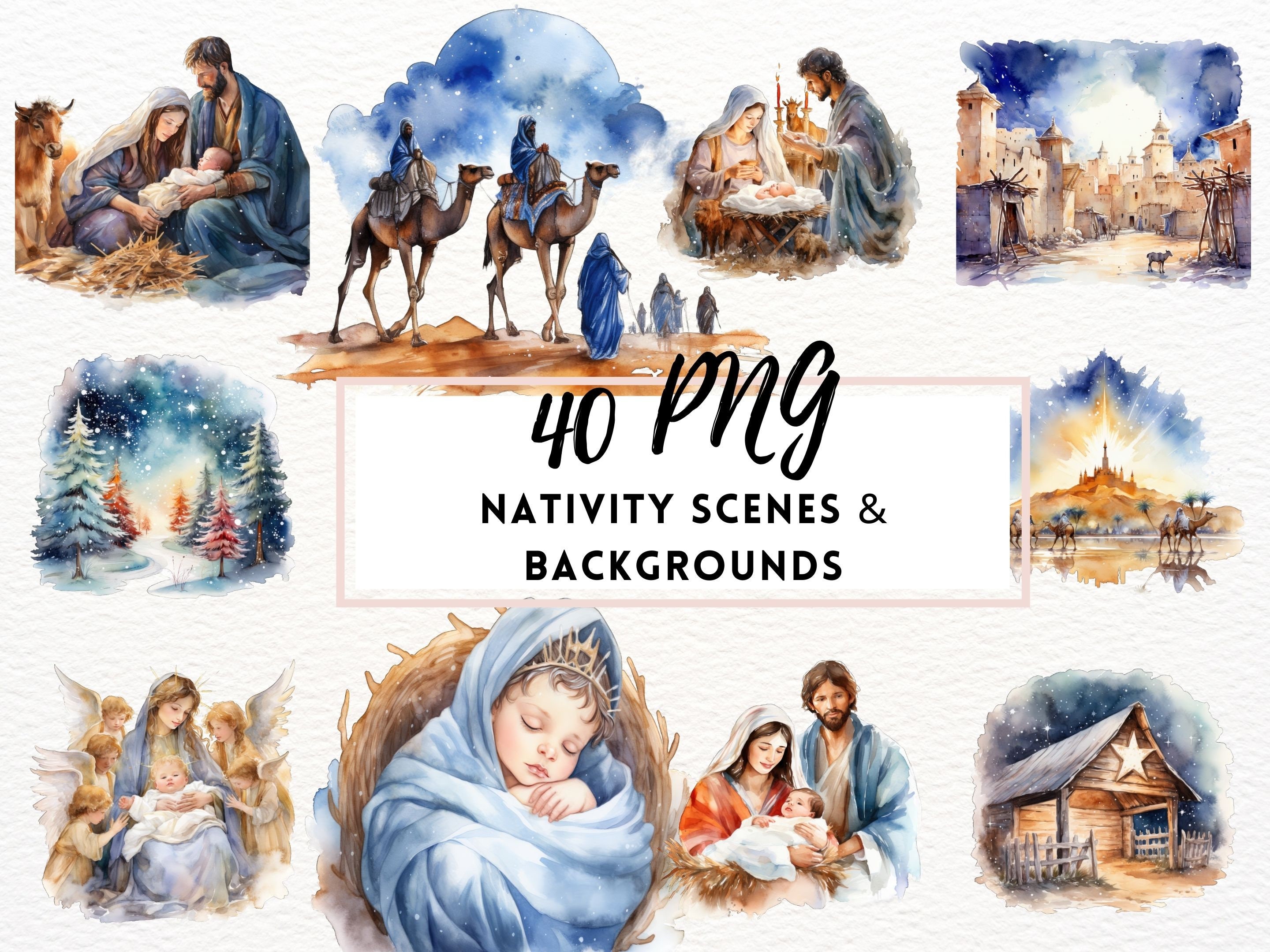 Nativity Scene Watercolor Christmas Clipart Bundle, Jesus Christmas ...