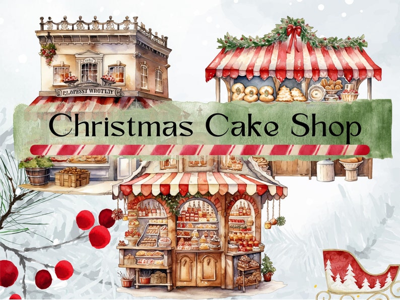 Christmas Bakery Shop Watercolor Bakery Clipart Decorated - Etsy
