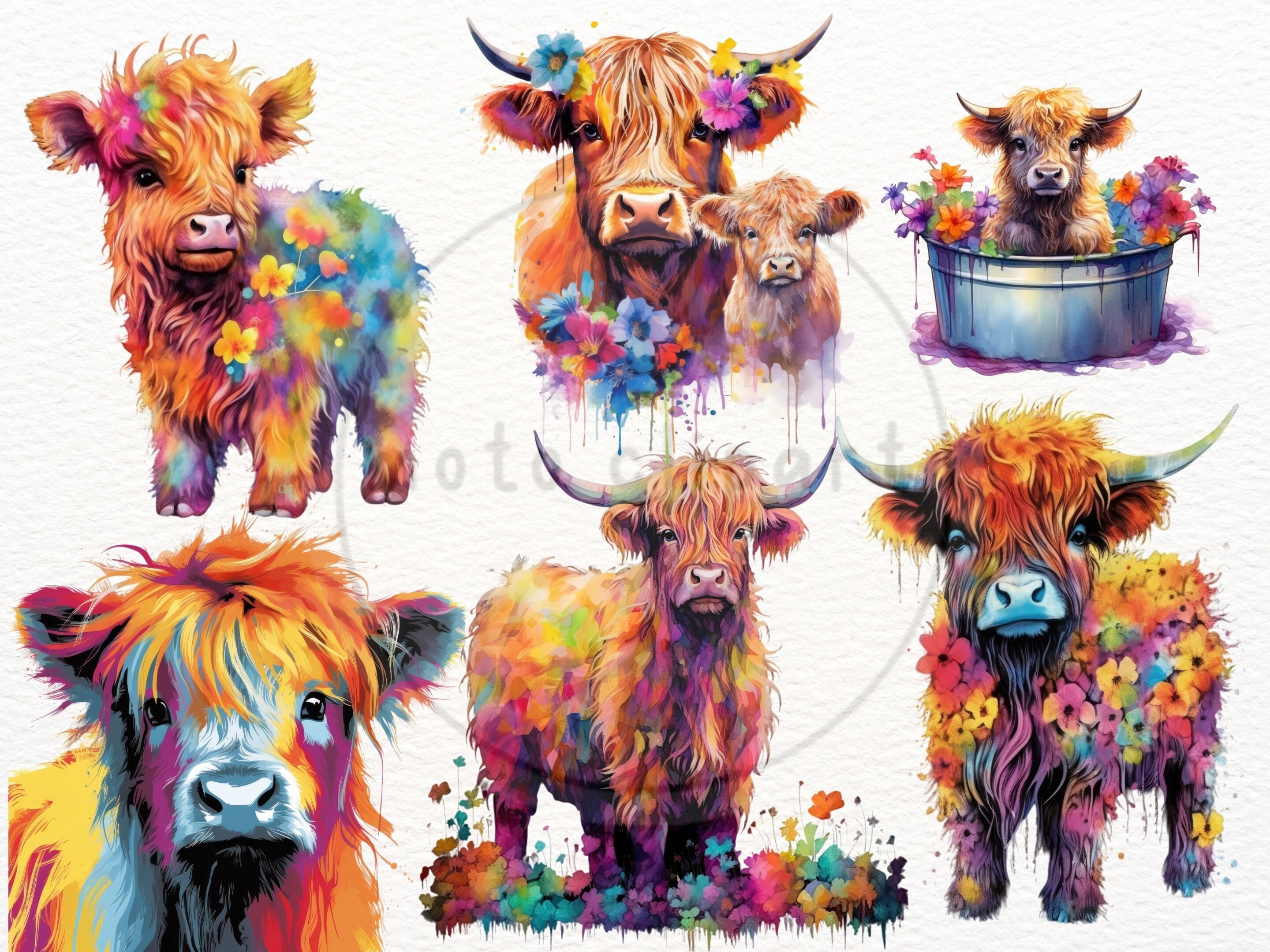 Rainbow Watercolor Highland Cow Clipart, Painted Highland Cow Clipart ...