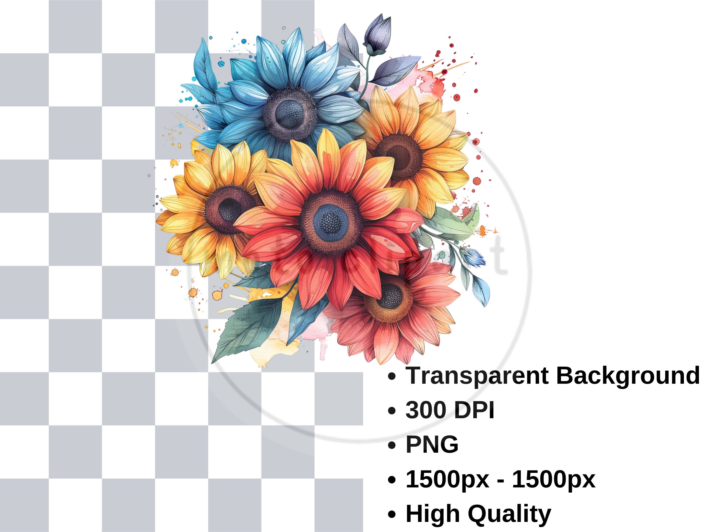 Rainbow Sunflowers Clipart, Watercolor Sunflower PNG, Sunflower Art ...