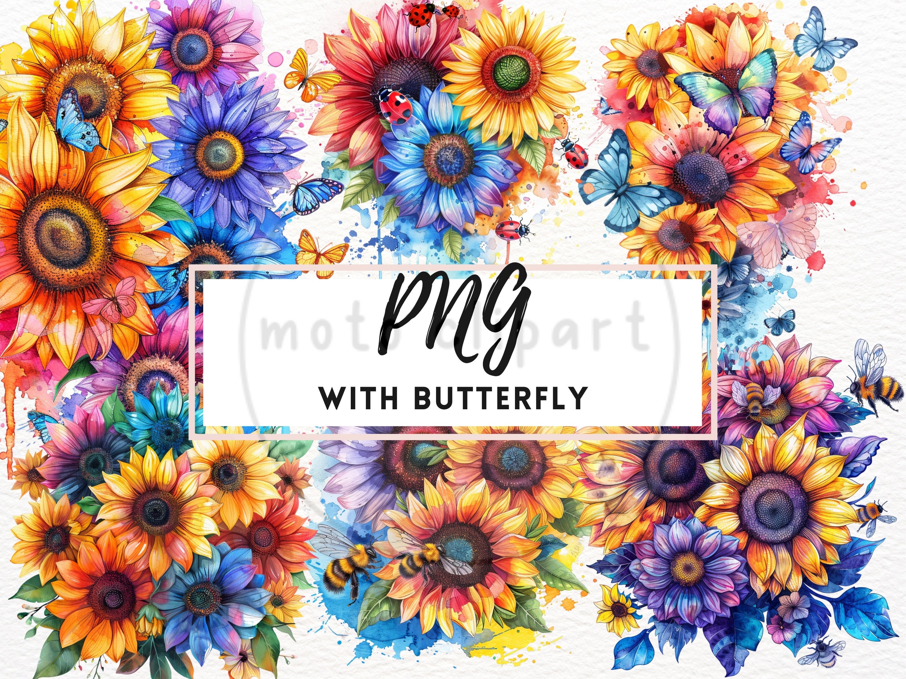 Rainbow Sunflowers Clipart, Watercolor Sunflower PNG, Sunflower Art ...