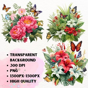 Tropical Flowers Watercolor Clipart Bundle, PNG Flower Images, Summer ...