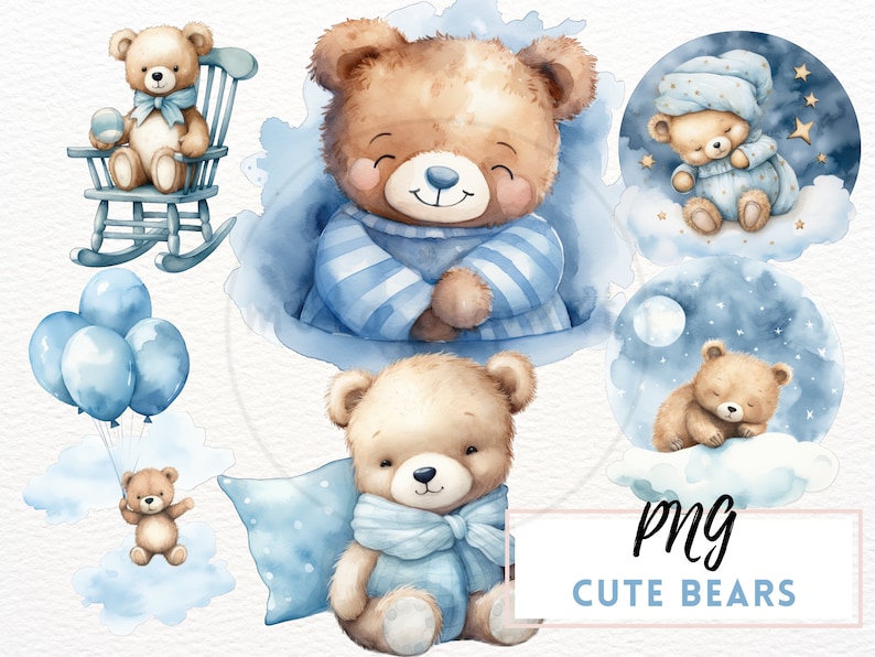 Blue Teddy Bear Clipart PNG, Nursery Clipart, Cute Watercolor Teddy Bear Bundle, Boy Baby Shower ...