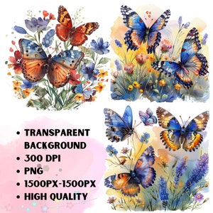 Watercolor Butterfly Garden Clipart: Wildflower PNG Set (digital ...