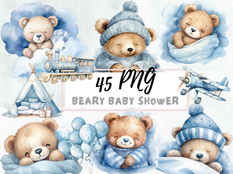 Blue Teddy Bear Clipart PNG, Nursery Clipart, Cute Watercolor Teddy Bear Bundle, Boy Baby Shower ...