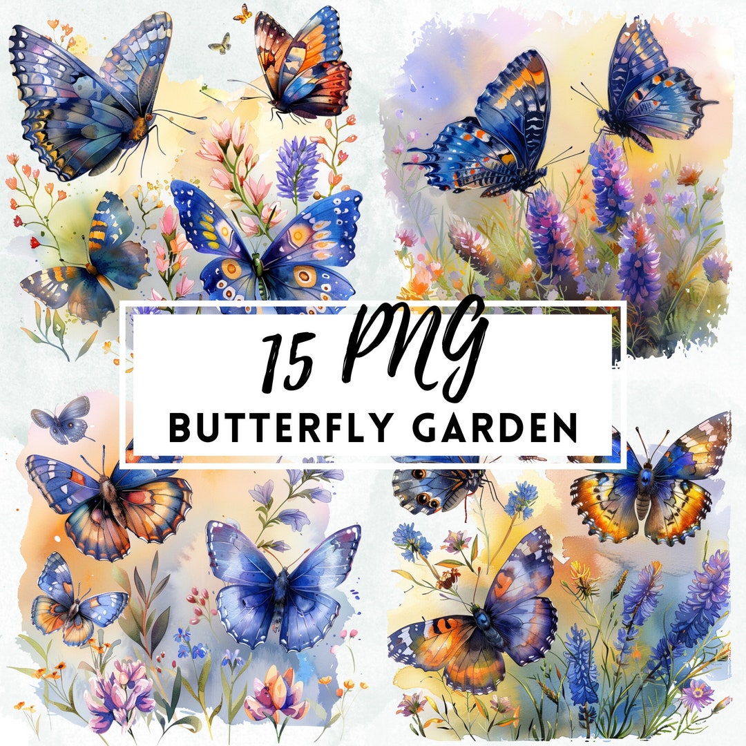 Watercolor Butterfly Garden Clipart: Wildflower PNG Set (digital ...