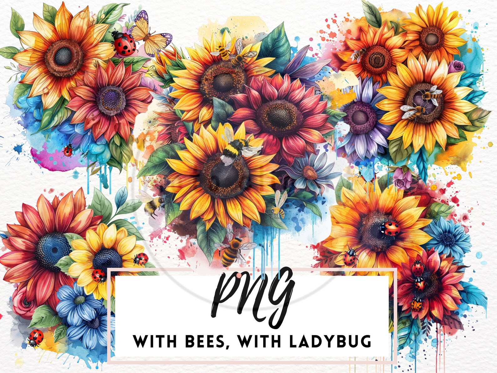 Rainbow Sunflowers Clipart, Watercolor Sunflower PNG, Sunflower Art ...