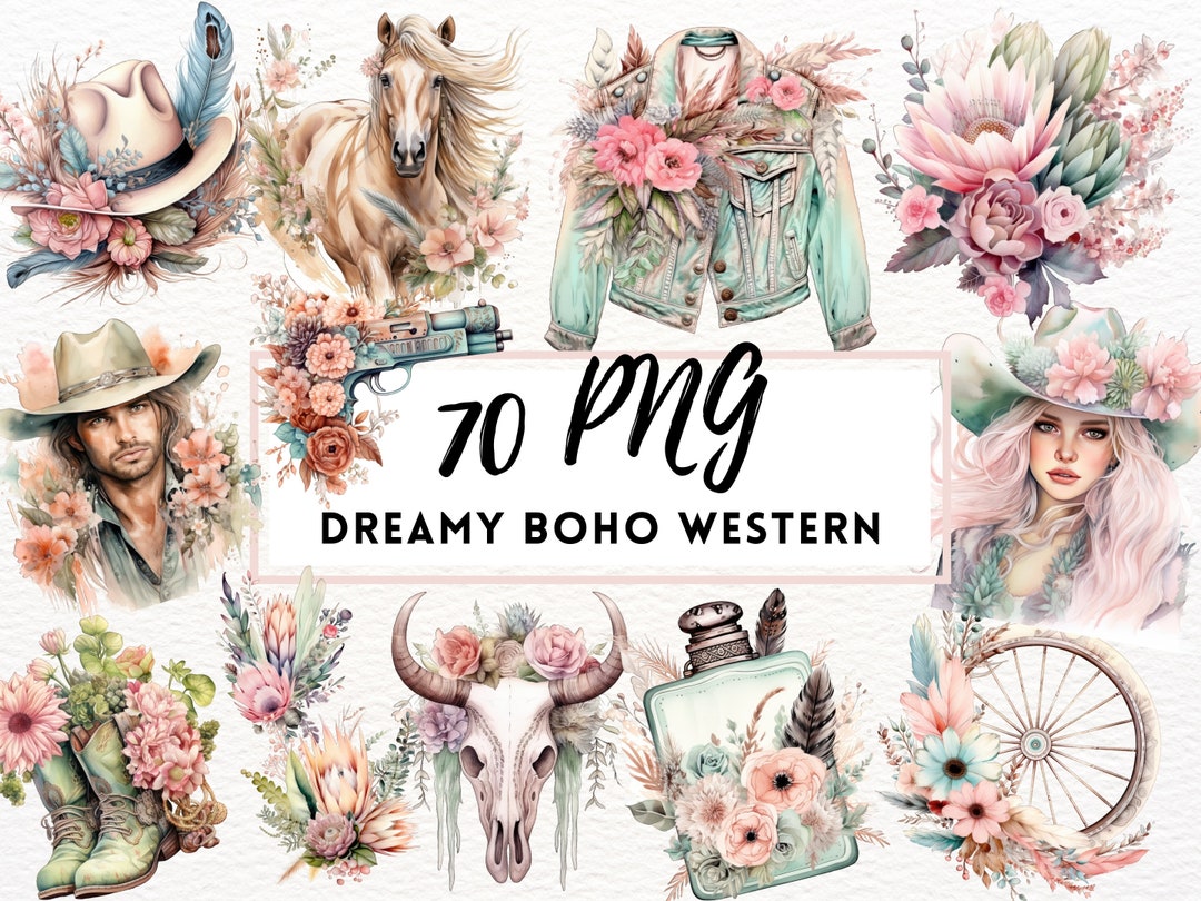 Watercolor Western Clip Art, Boho Floral Cowgirl Cowboy Clip Art ...