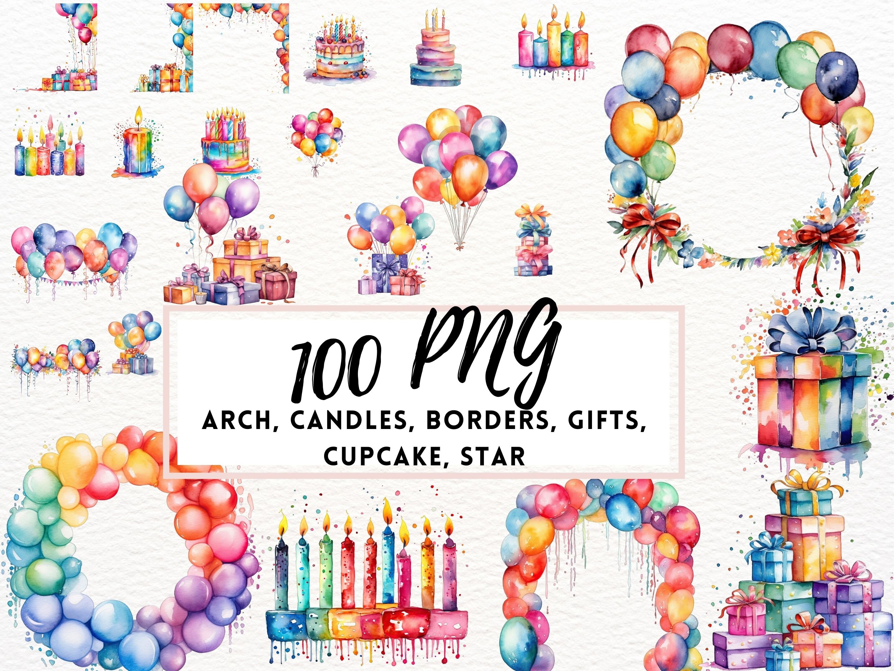 Rainbow Happy Birthday Party Clipart, Cake Present Balloons Clipart SET ...