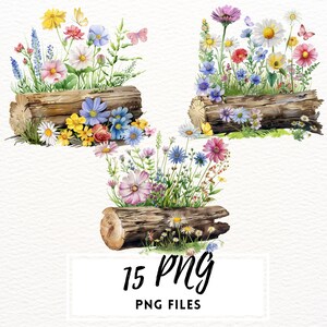 Wildflowers on Log Clipart, Printable Watercolor Clipart, High Quality ...