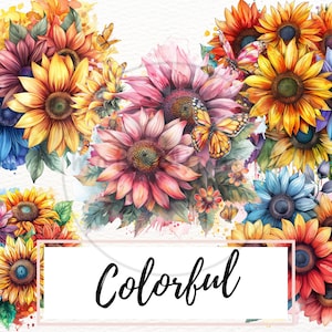 Rainbow Sunflowers Clipart, Watercolor Sunflower PNG, Sunflower Art ...