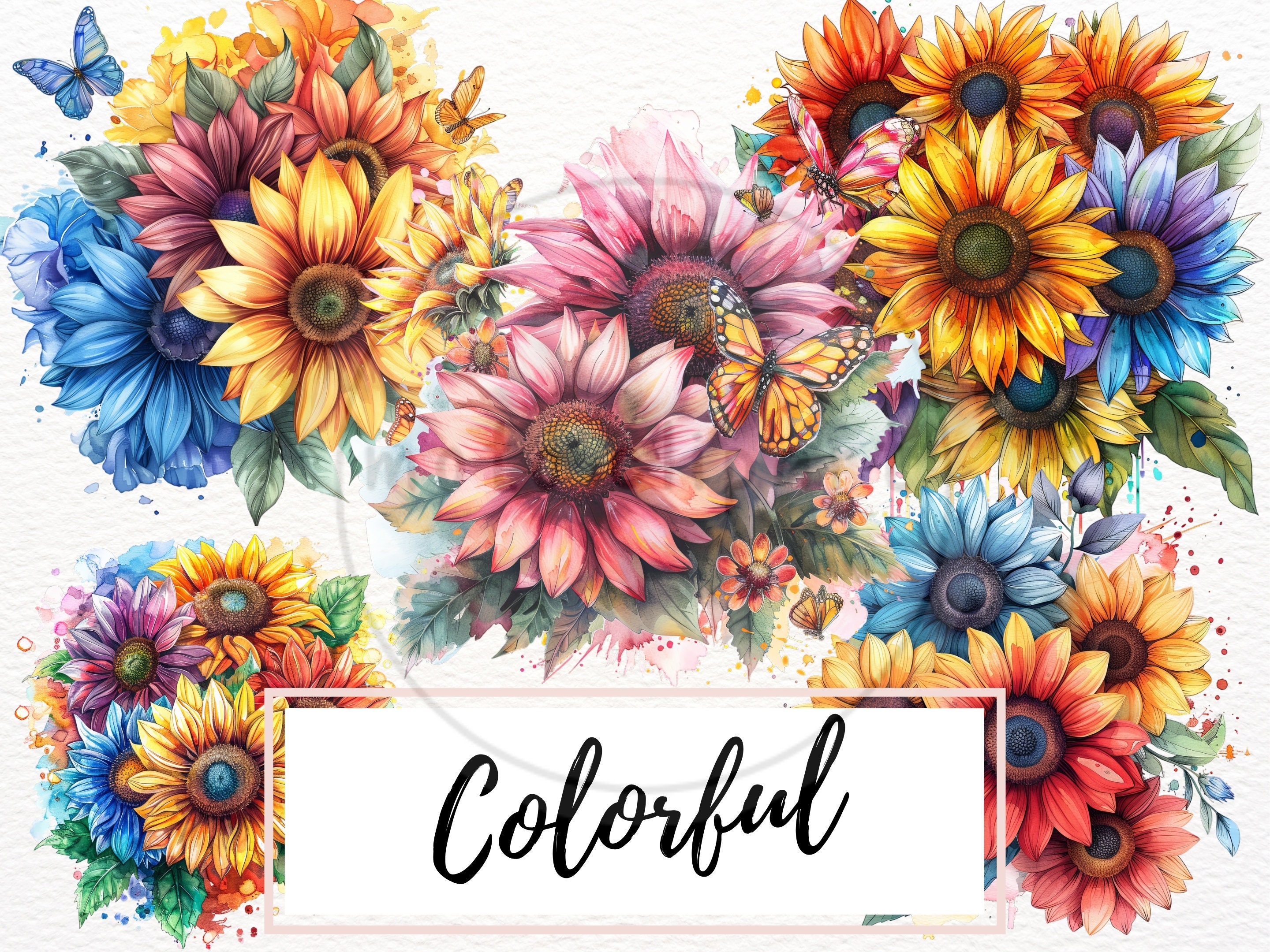 Rainbow Sunflowers Clipart, Watercolor Sunflower PNG, Sunflower Art ...