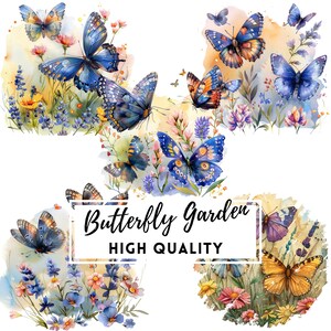 Watercolor Butterfly Garden Clipart: Wildflower PNG Set (digital ...