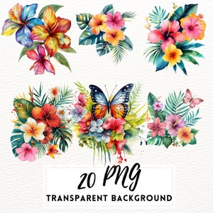 Tropical Flowers Watercolor Clipart Bundle, PNG Flower Images, Summer ...