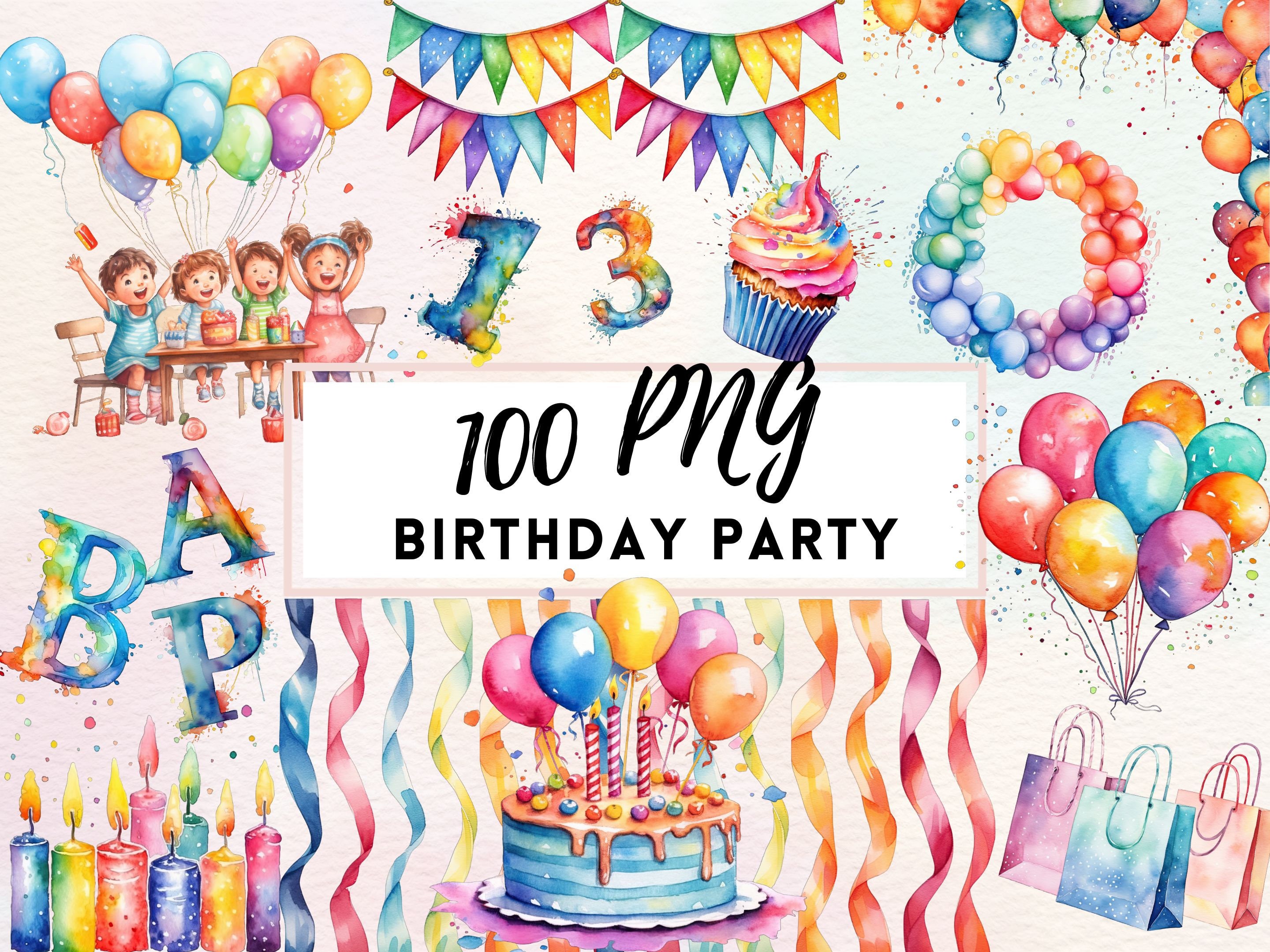 Rainbow Happy Birthday Party Clipart, Cake Present Balloons Clipart SET ...