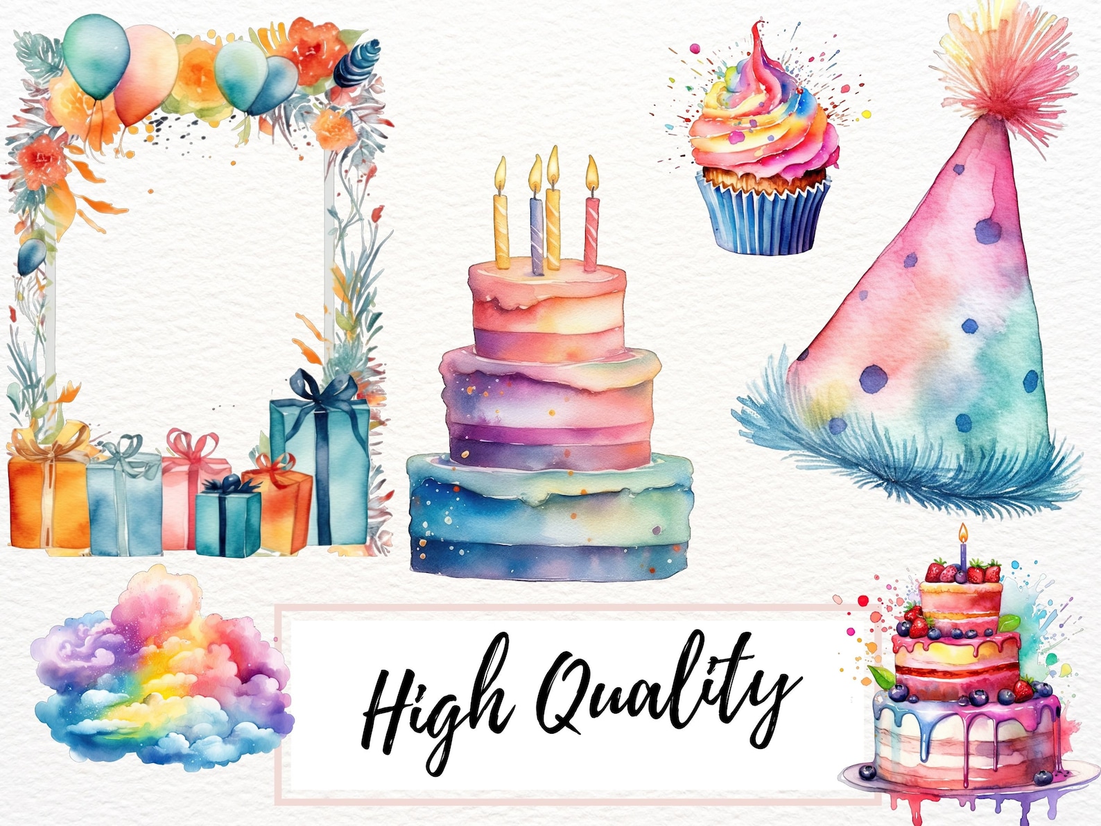Rainbow Happy Birthday Party Clipart, Cake Present Balloons Clipart SET ...