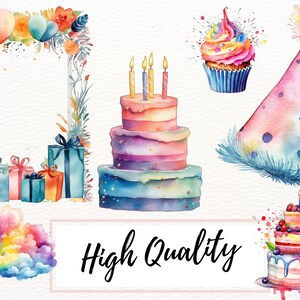 Rainbow Happy Birthday Party Clipart, Cake Present Balloons Clipart SET ...