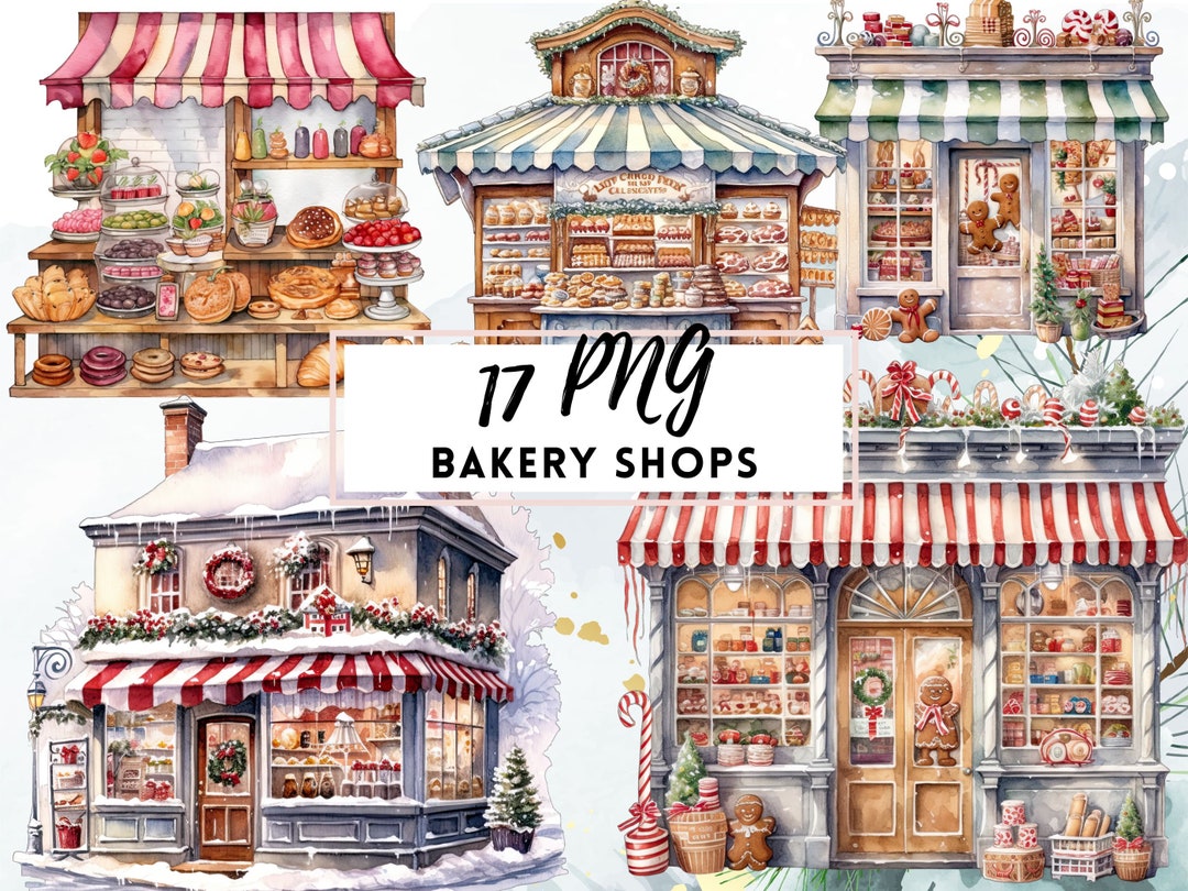 Christmas Bakery Shop, Watercolor Bakery Clipart, Decorated Holiday ...