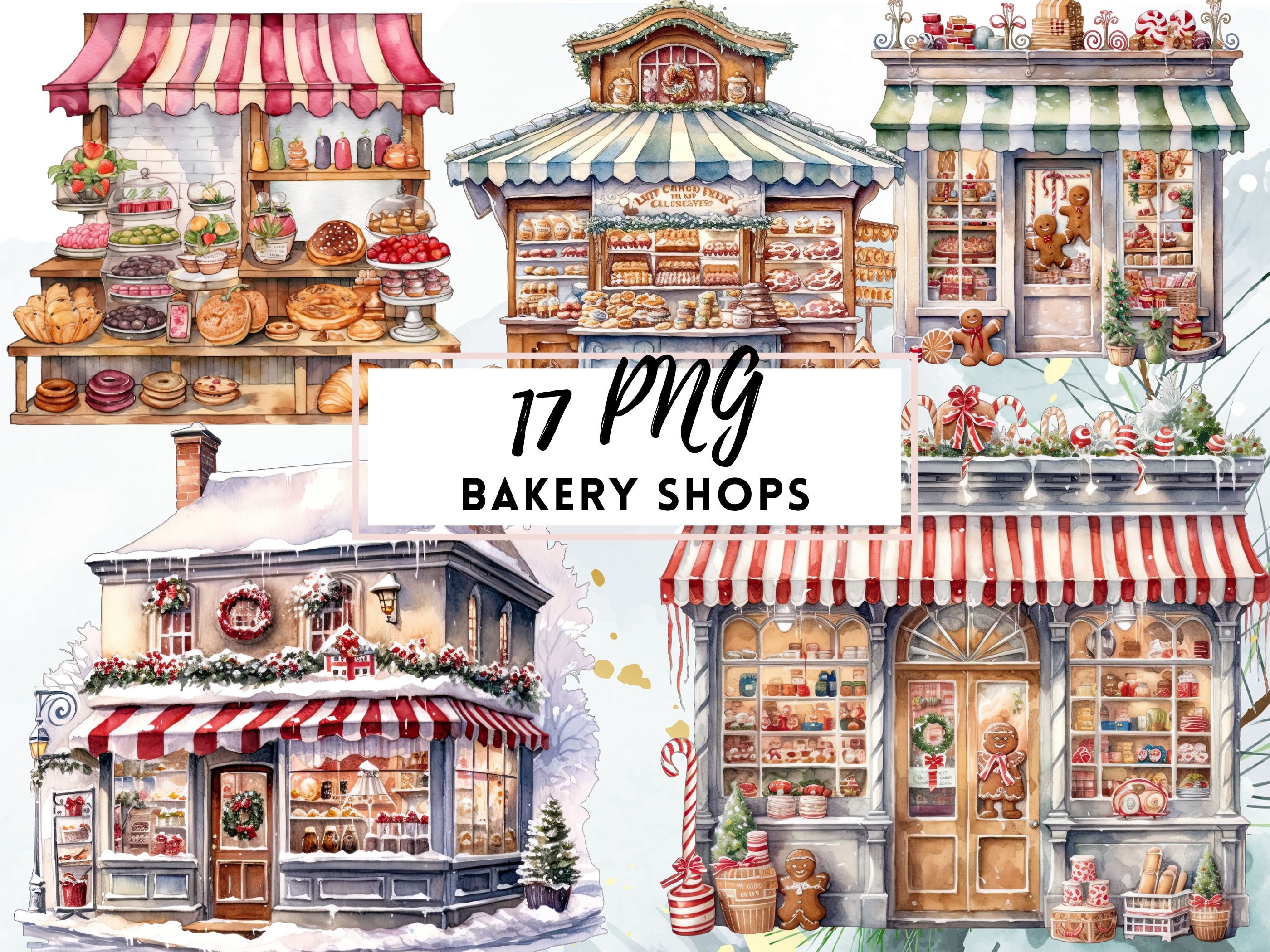 Christmas Bakery Shop, Watercolor Bakery Clipart, Decorated Holiday ...