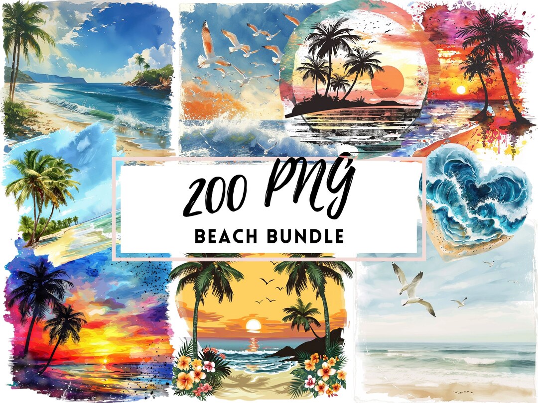 Watercolor Beach Clipart, Summer Beach Clip Art, Ocean Beach, Tropical ...