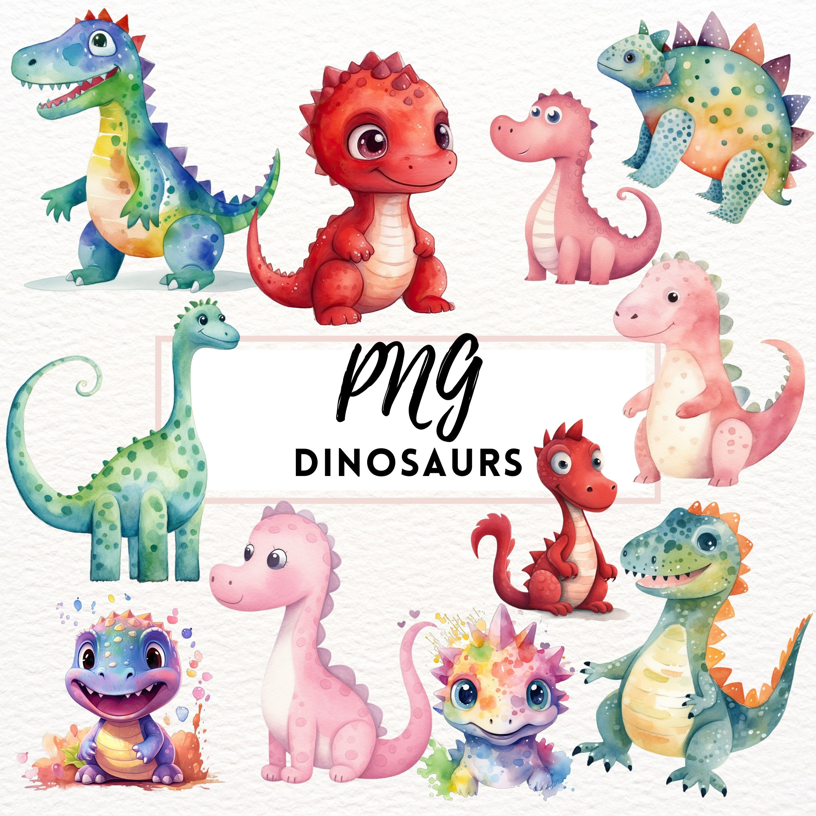 Watercolor Baby Dinosaur Clipart PNG, Cute Dino Bundle Commercial Use ...