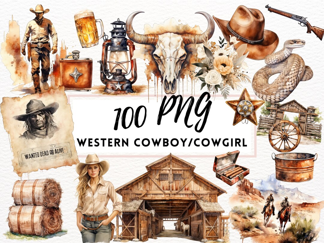 Watercolor Western Clipart, Boho Texas Horse Ranch Cowboy Cowgirl ...