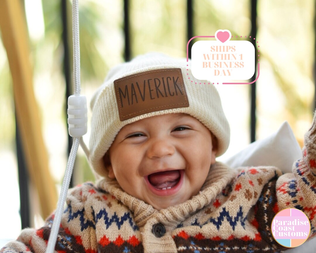 Custom Beanie for Kids Leather Patch Beanies Personalized Gift for Kids ...