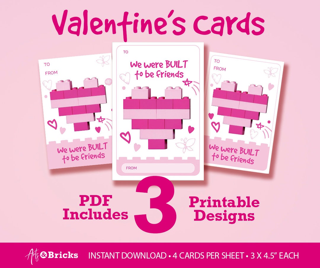 Brick-built Heart Valentine Cards: Kids Building Blocks (instant ...