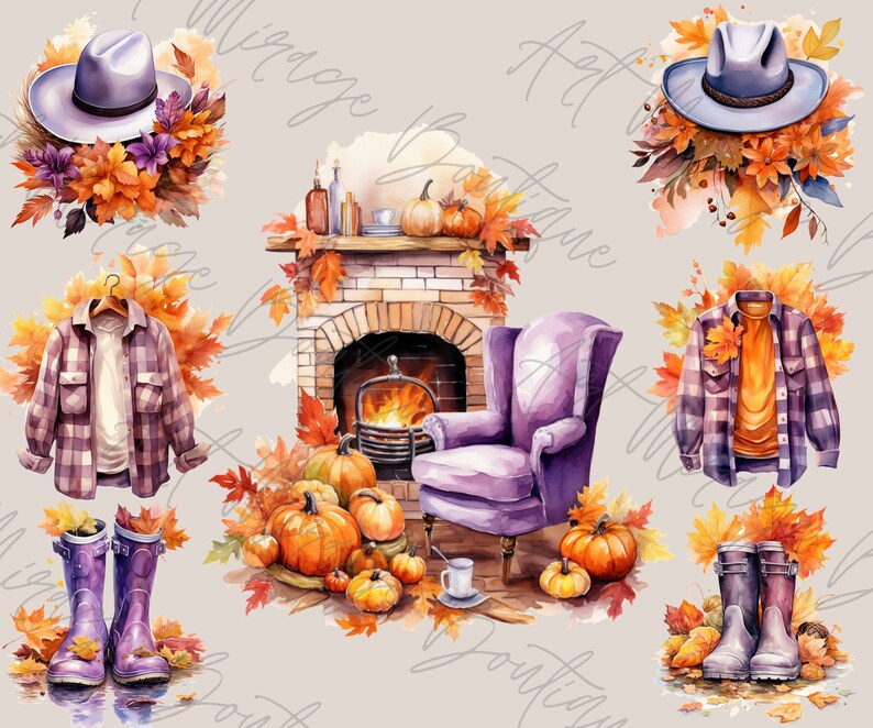 Watercolor Autumn Elements Clipart Fall Cozy Vibes Clip Art - Etsy