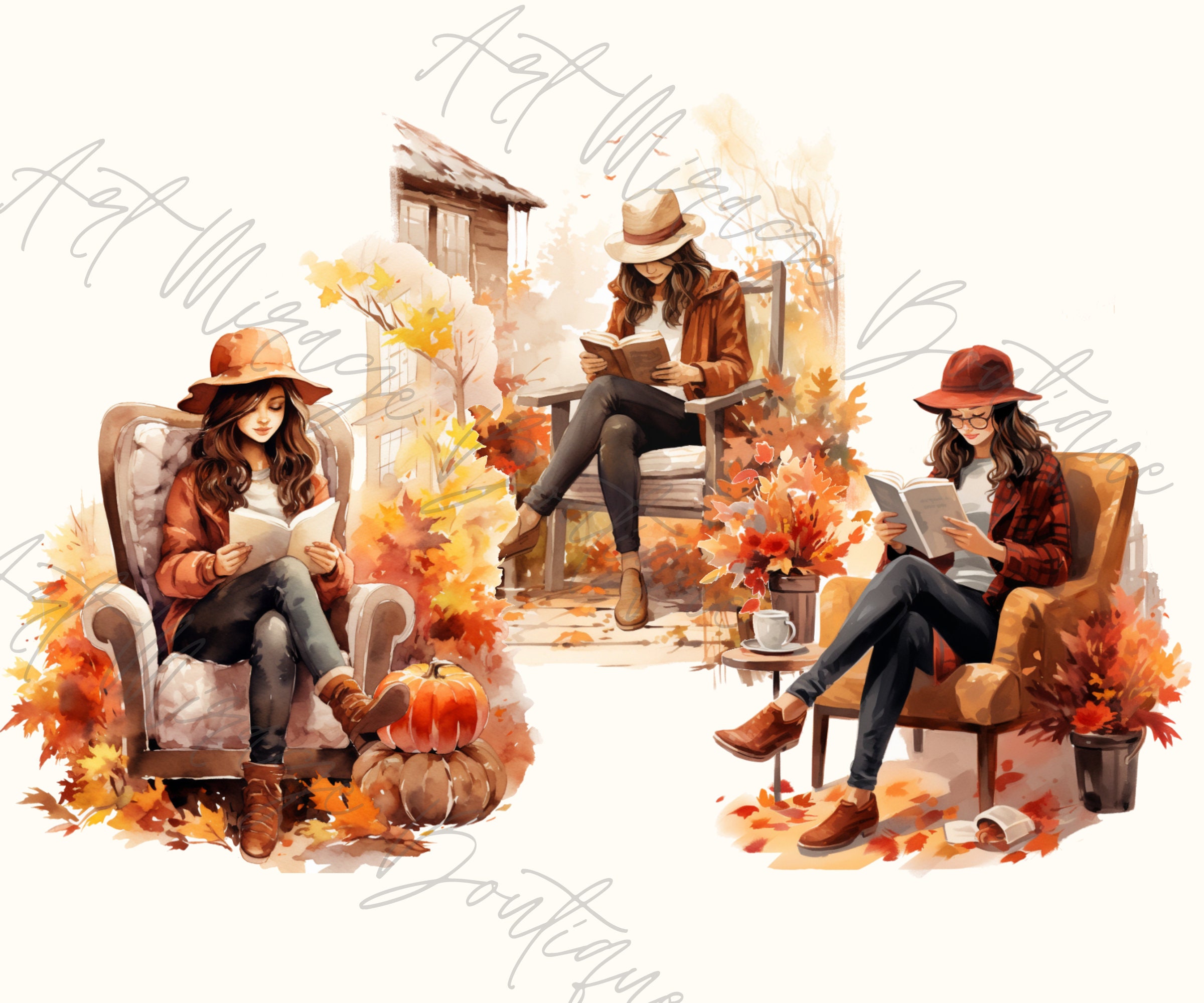 Clipart Autumn Reading Girl Watercolor Clipart for Junk Journal Clip ...