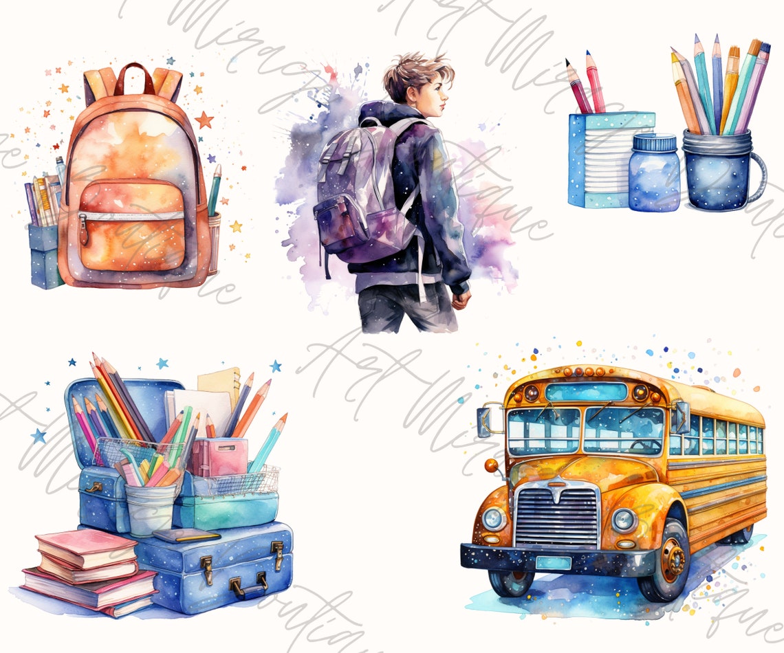 Watercolor School Clipart Back to School Clipart School - Etsy