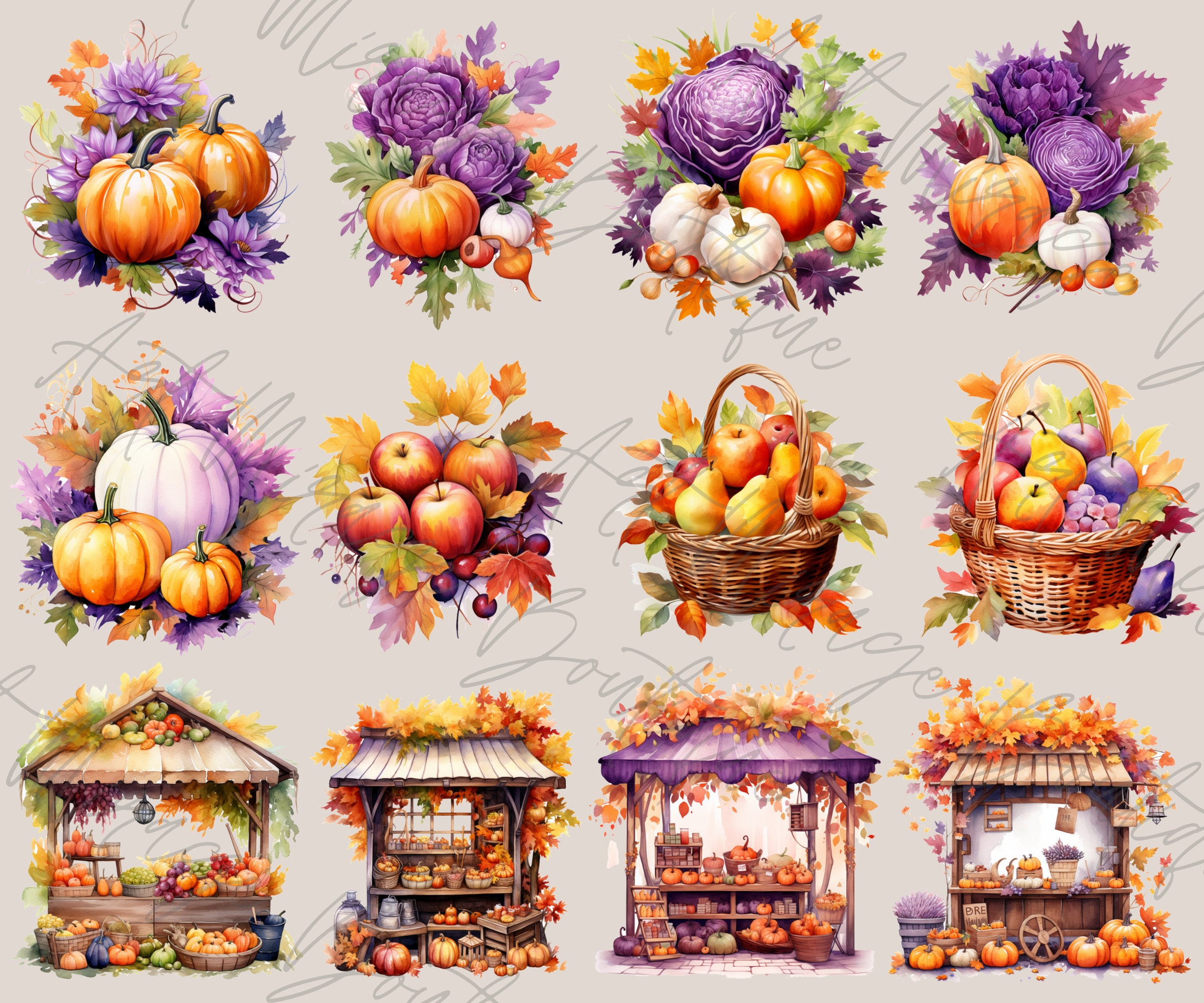 Watercolor Autumn Elements Clipart Fall Cozy Vibes Clip Art Tea Harvest ...