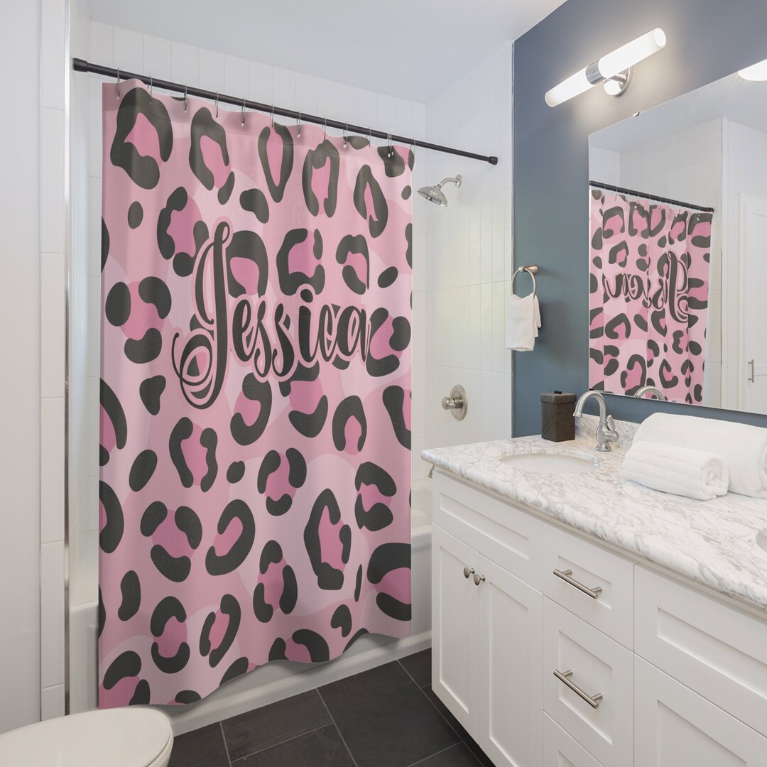 Personalized Girl Pink Leopard Shower Curtain and Matching Bath Mat ...
