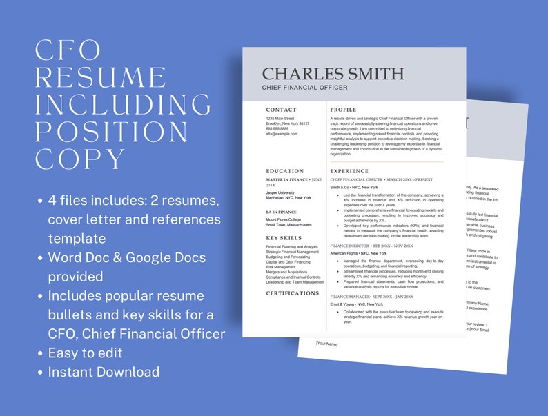 CFO Resume Template for Word, Google Docs, Resume for Chief Financial Officer, Resume Bundle - Etsy