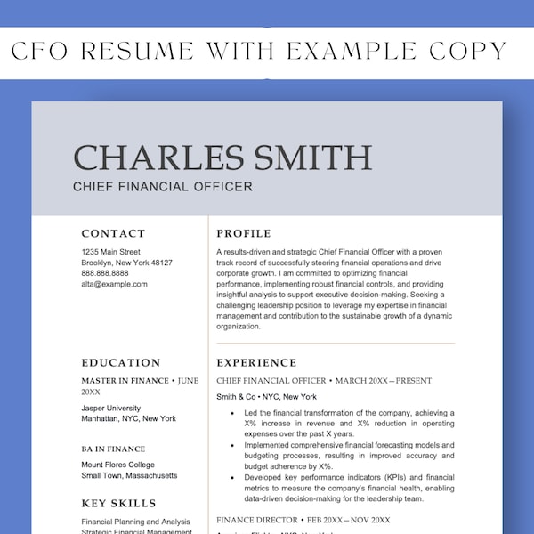 Cfo Resume Template - Etsy