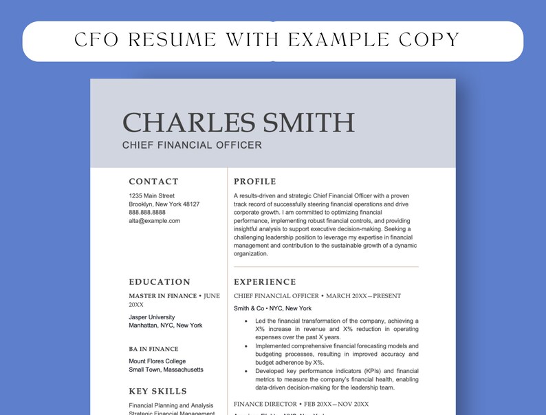 CFO Resume Template for Word, Google Docs, Resume for Chief Financial Officer, Resume Bundle - Etsy