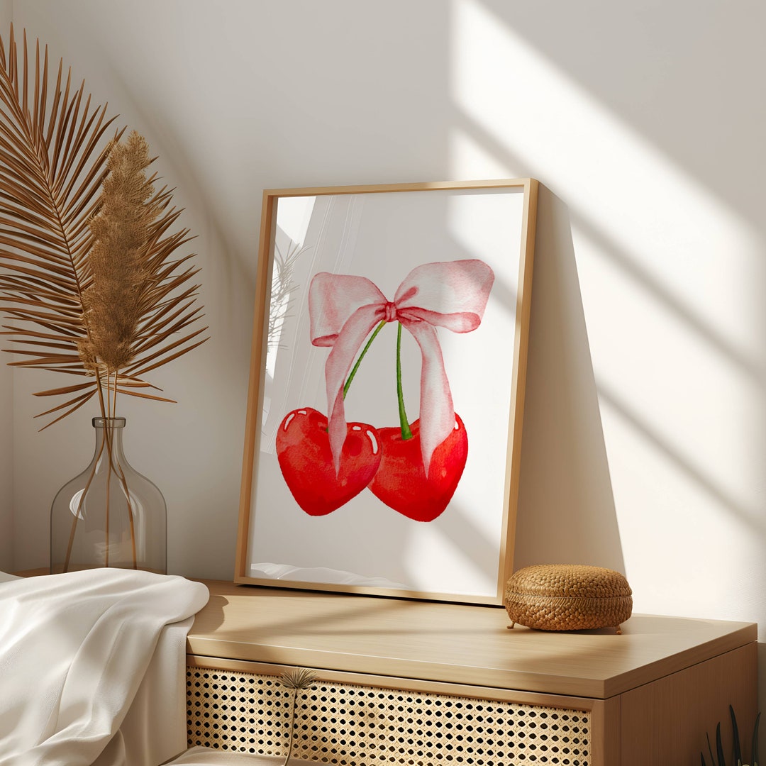 Cherry Print, Love Heart Cherry Kitchen Prints, Fruit Art, Pink Decor ...