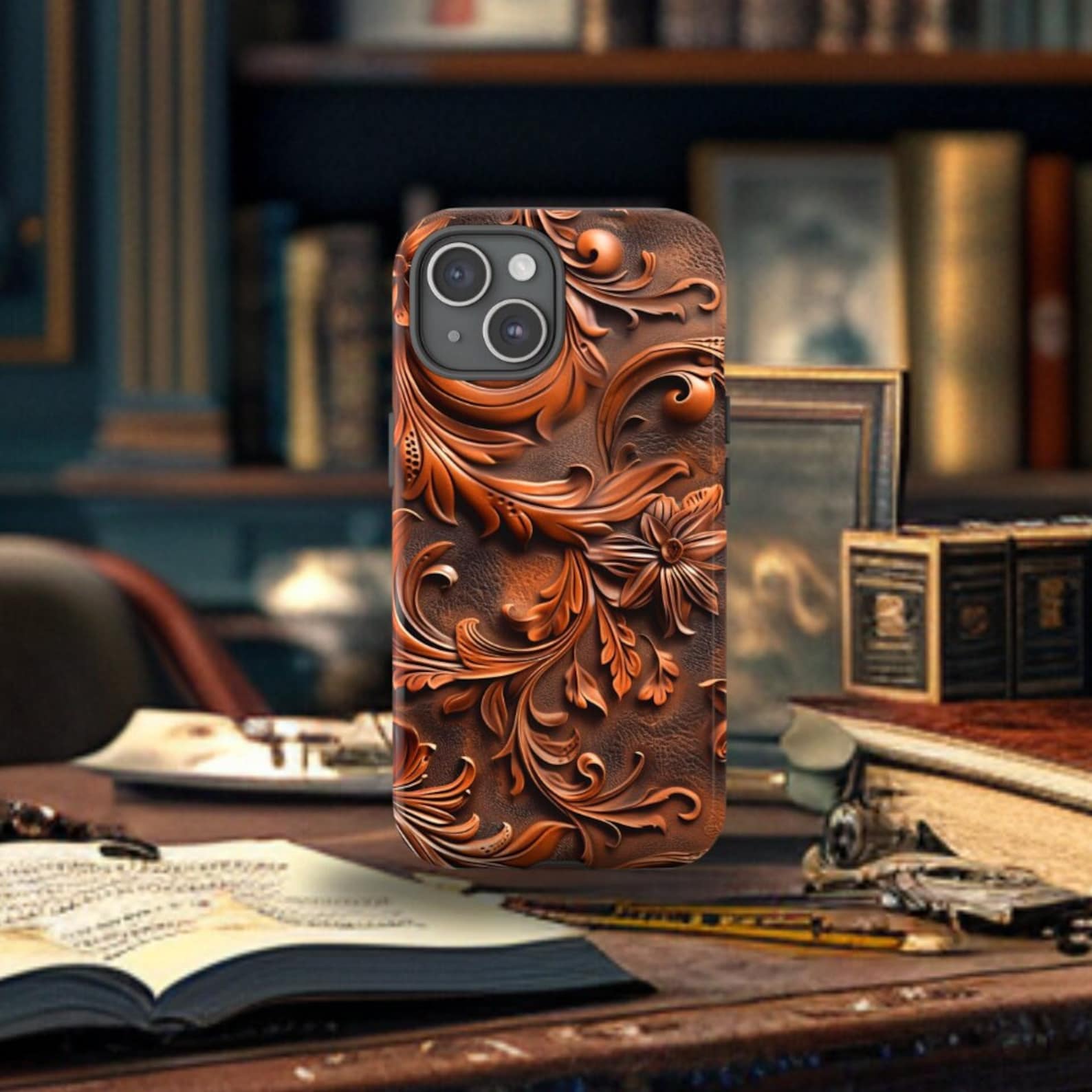 Brown Leather Print Phone Case, Embossed Look Smartphone Cover, Tough ...