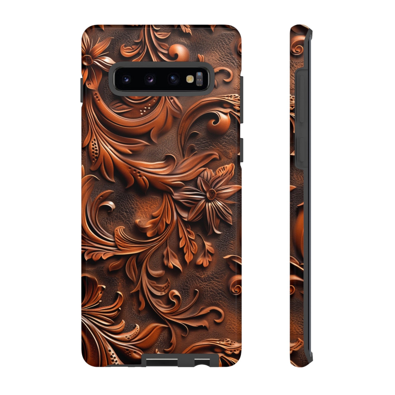 Brown Leather Print Phone Case, Embossed Look Smartphone Cover, Tough ...