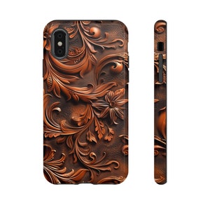 Brown Leather Print Phone Case, Embossed Look Smartphone Cover, Tough ...