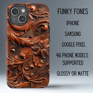 Brown Leather Print Phone Case, Embossed Look Smartphone Cover, Tough ...