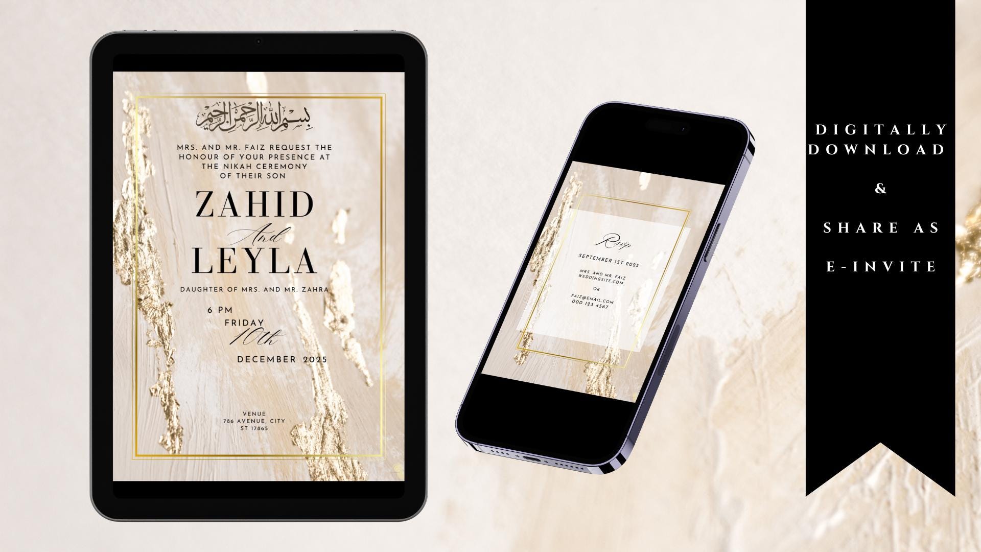 Islamic Wedding Invitation, Gold Nikah Invite, Save the Date, RSVP ...