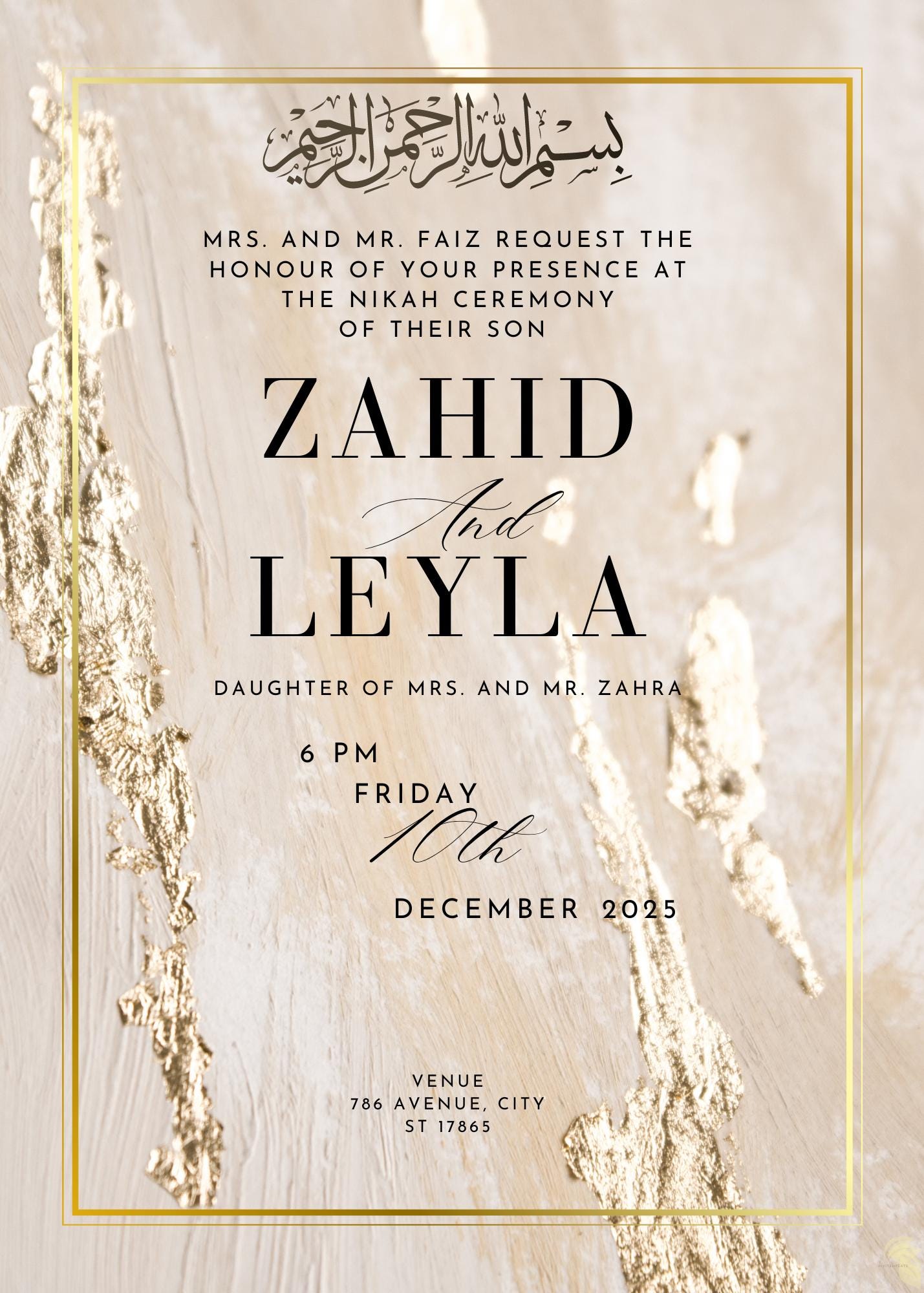 Islamic Wedding Invitation, Gold Nikah Invite, Save the Date, RSVP ...