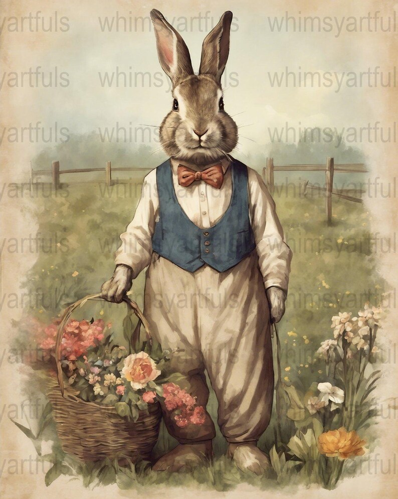 Vintage Bunny Digital Print, Rustic Easter Wall Art, Whimsical Spring ...