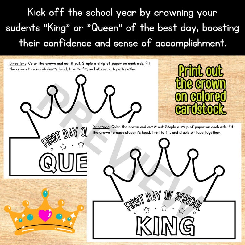 Printable Back to School Paper Queen & King Crown Crafts | First Day of ...