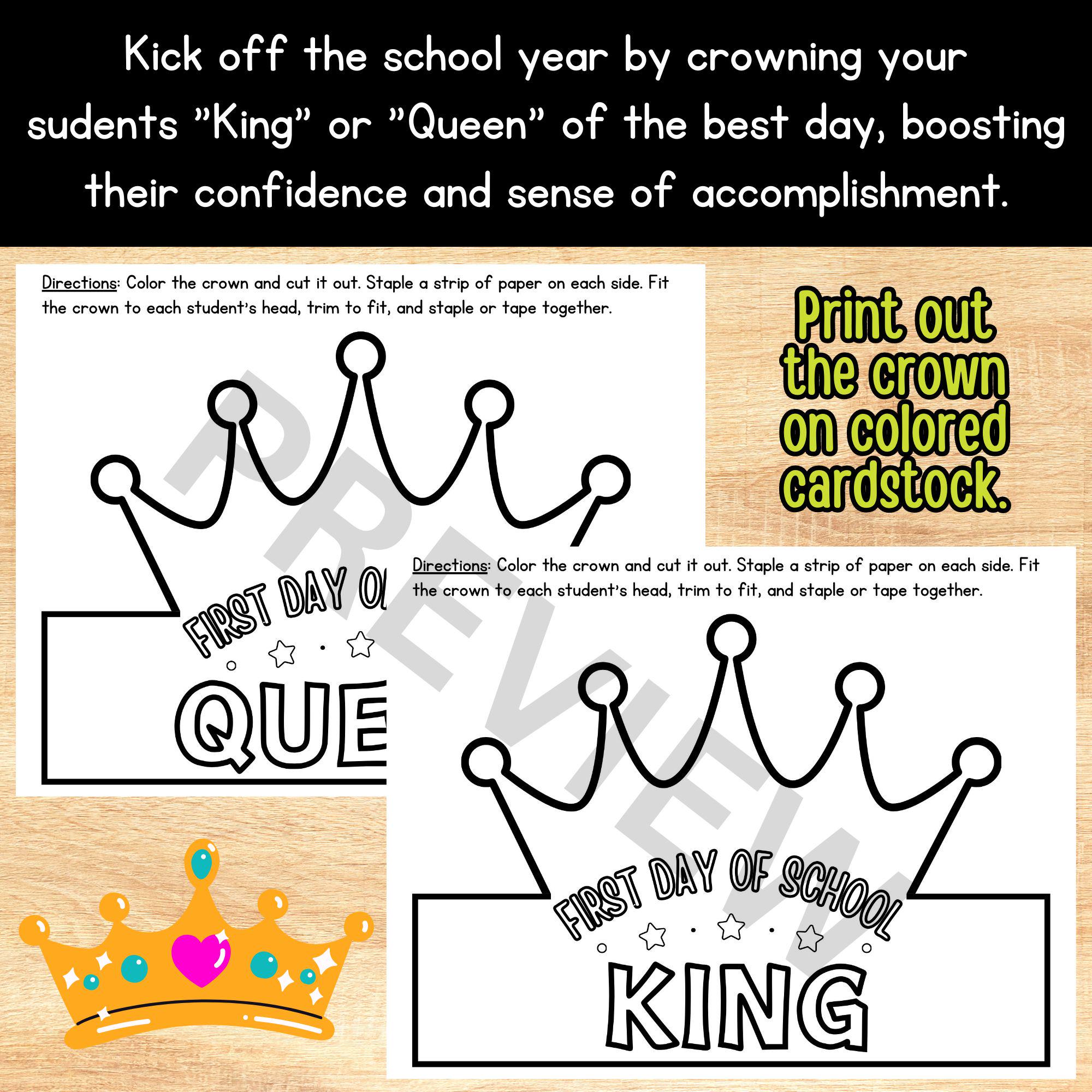 Printable Back to School Paper Queen & King Crown Crafts | First Day of ...