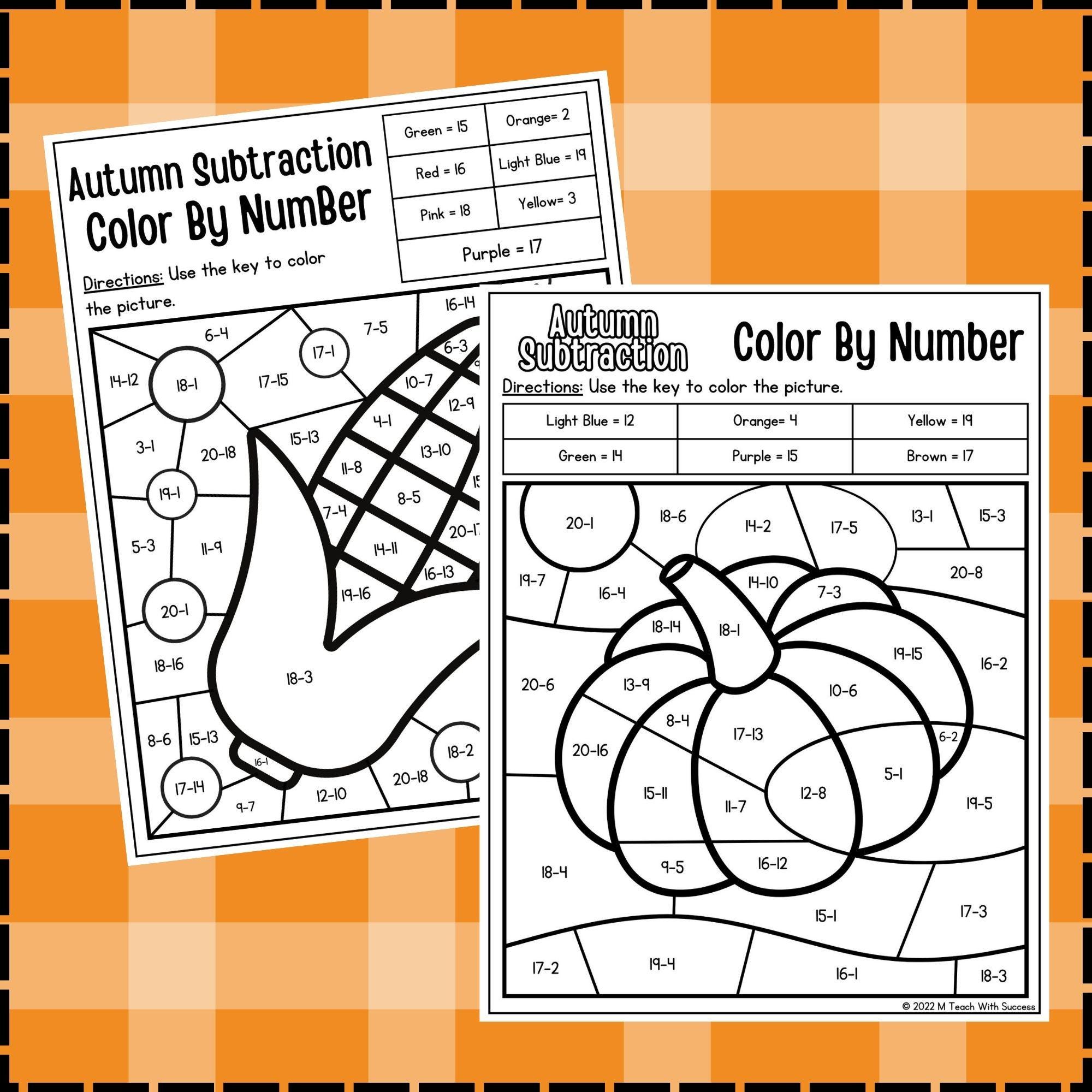 Fall Math Coloring Sheets Activities Autumn Math Color by Number ...