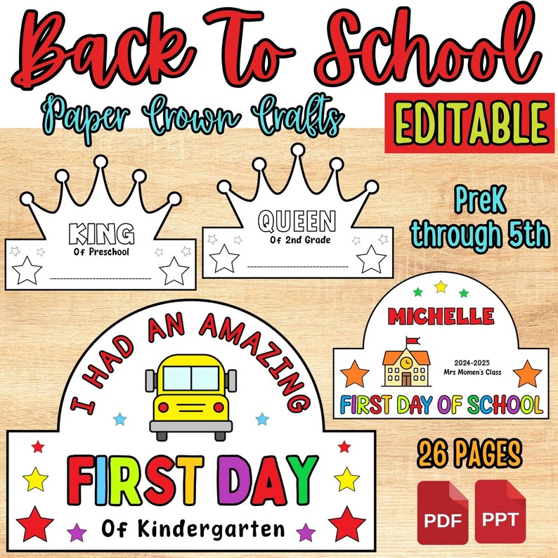 EDITABLE Back to School Paper Crown Crafts | First Day of School Crown ...