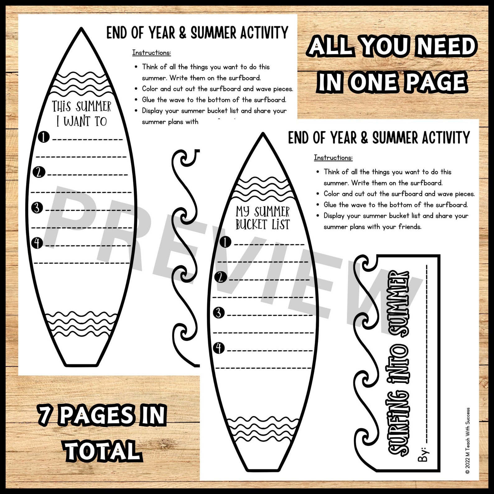Summer Bucket List Paper Craft and Writing, End of Year Surfboard Craft ...